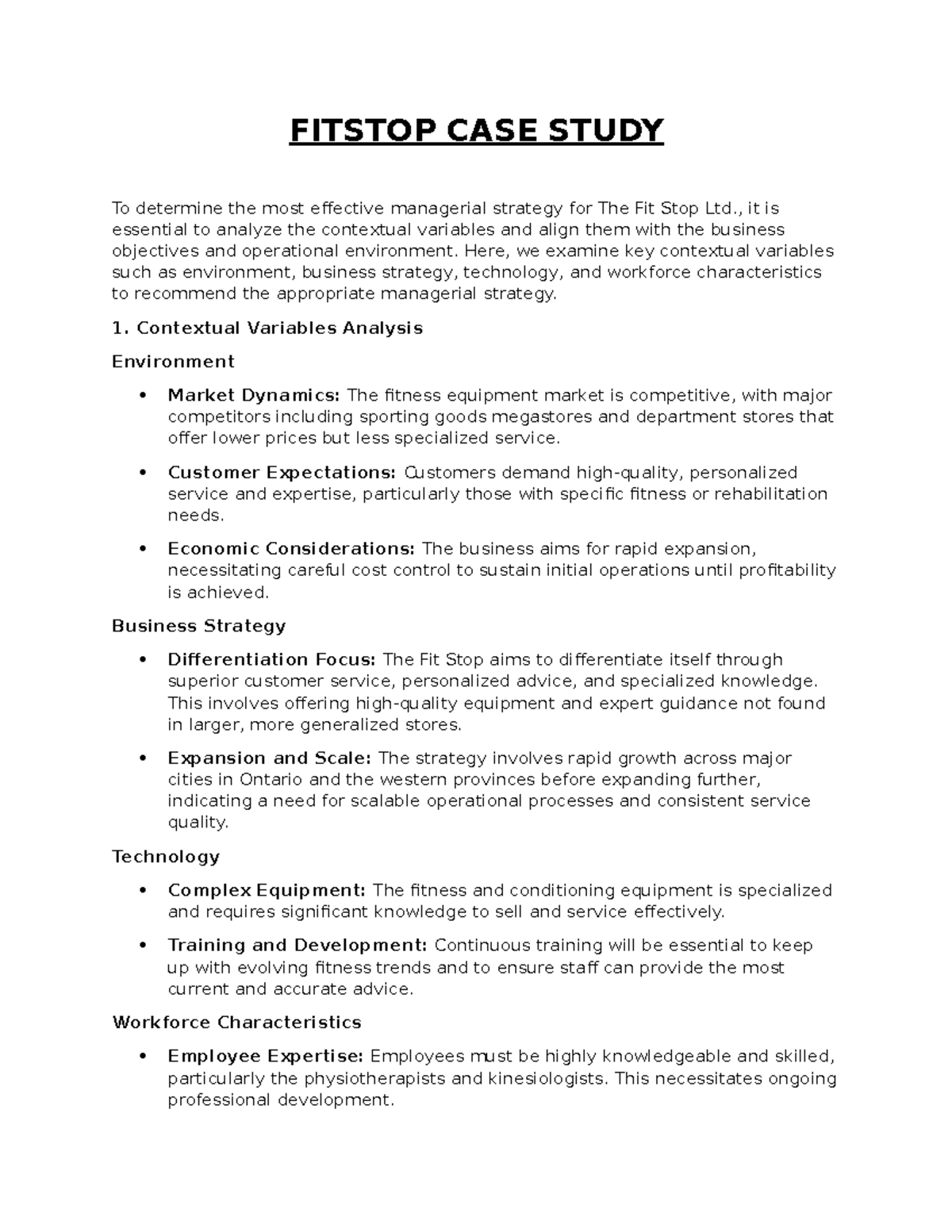 Fit Stop Case Study: Analyzing Managerial Strategies for Success - Studocu