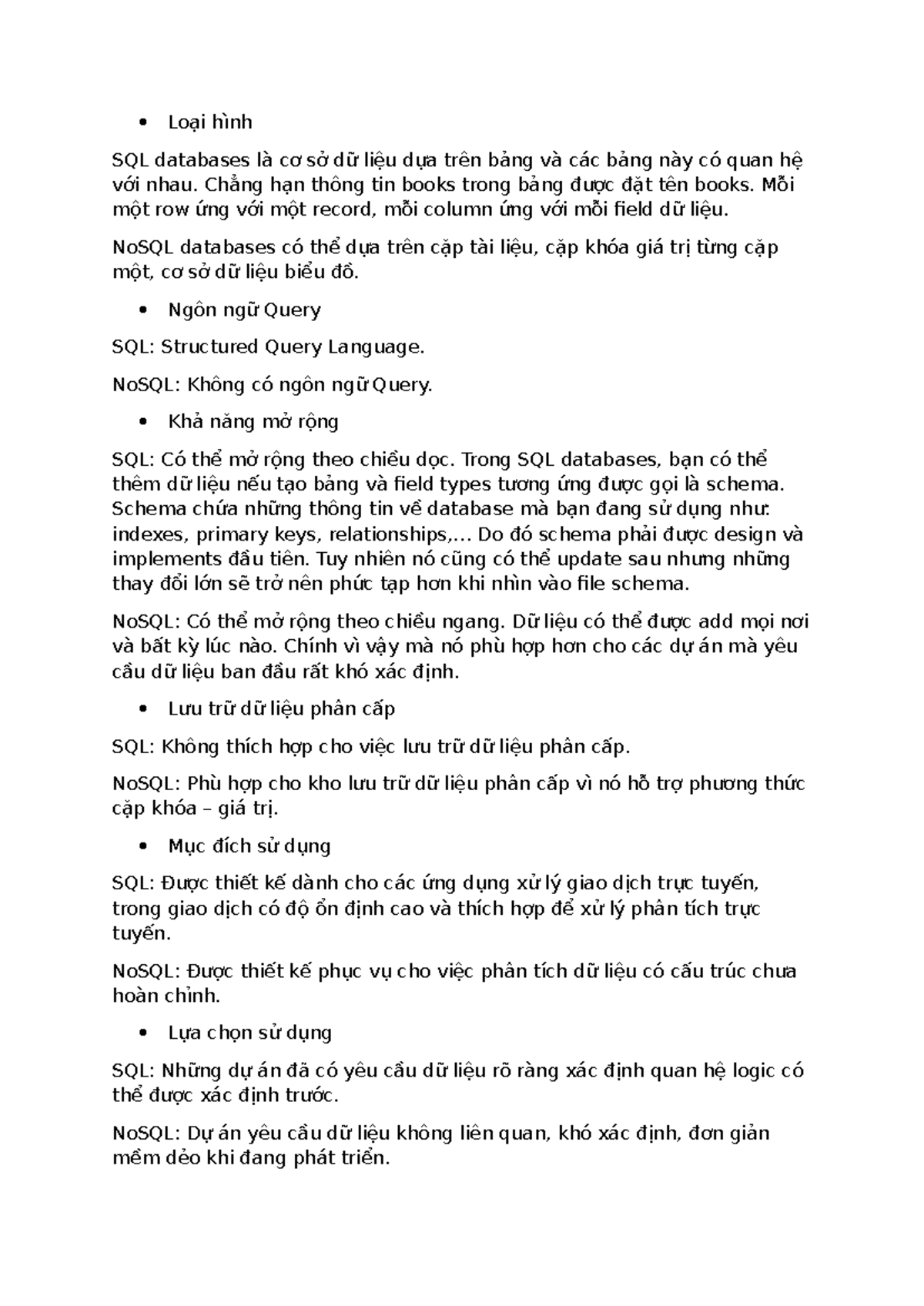 So sánh giữa SQL và NoSQL: Đặc điểm và Sử dụng (CS101) - Studocu