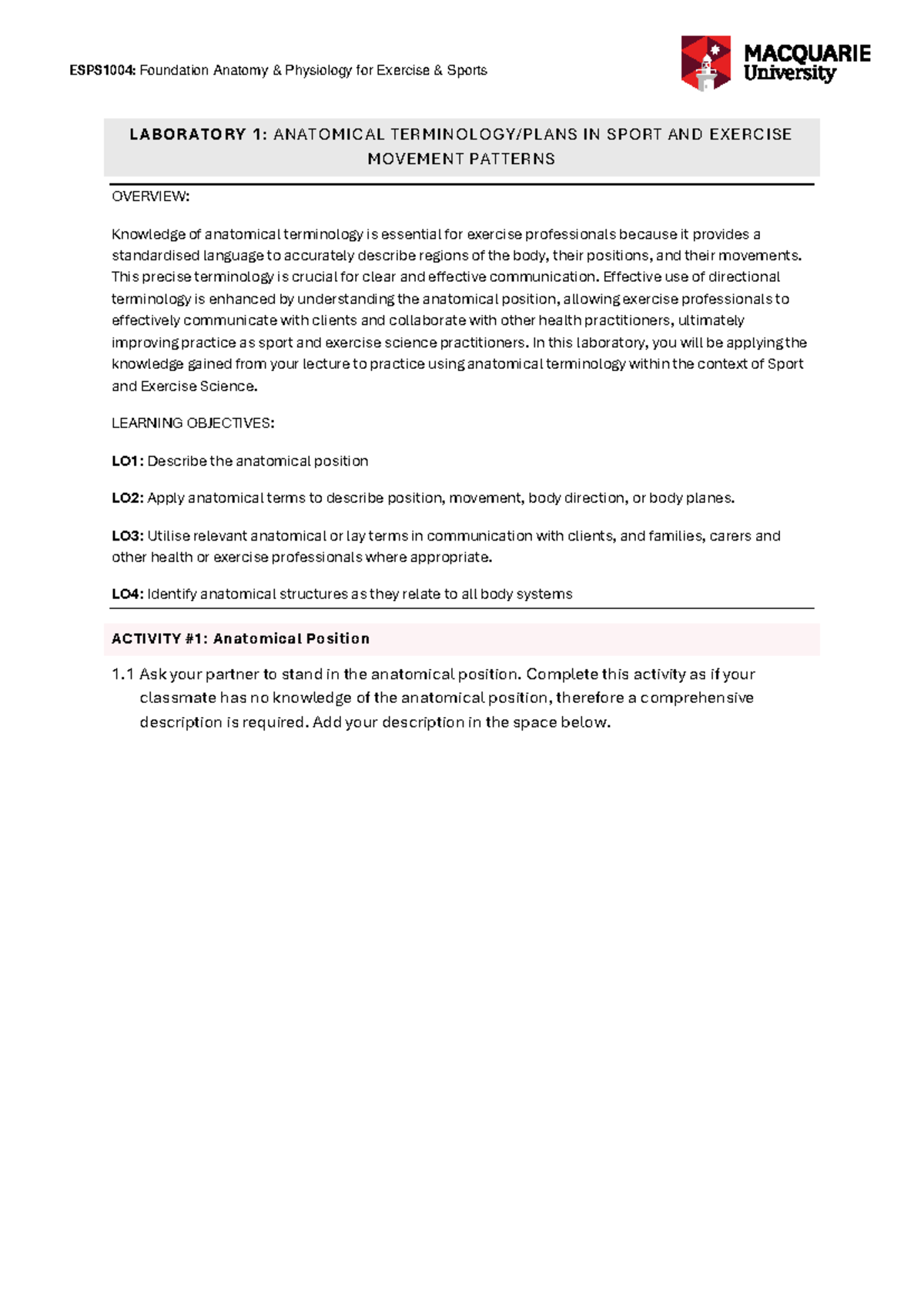 ESPS1004: Lab 1 - Anatomical Terminology & Body Systems in Exercise ...