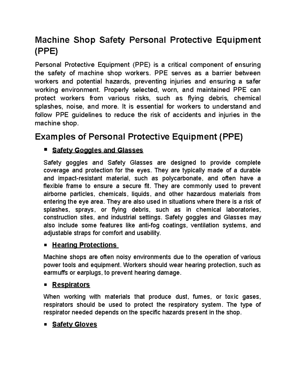 Machine Shop Safety Personal Protective Equipment - Machine Shop Safety ...