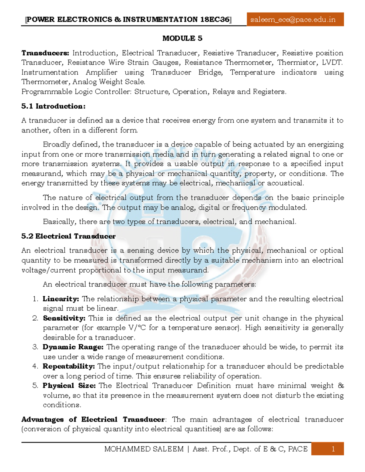 Module 5 Notes S&I: Transducers and Instrumentation Basics - Studocu