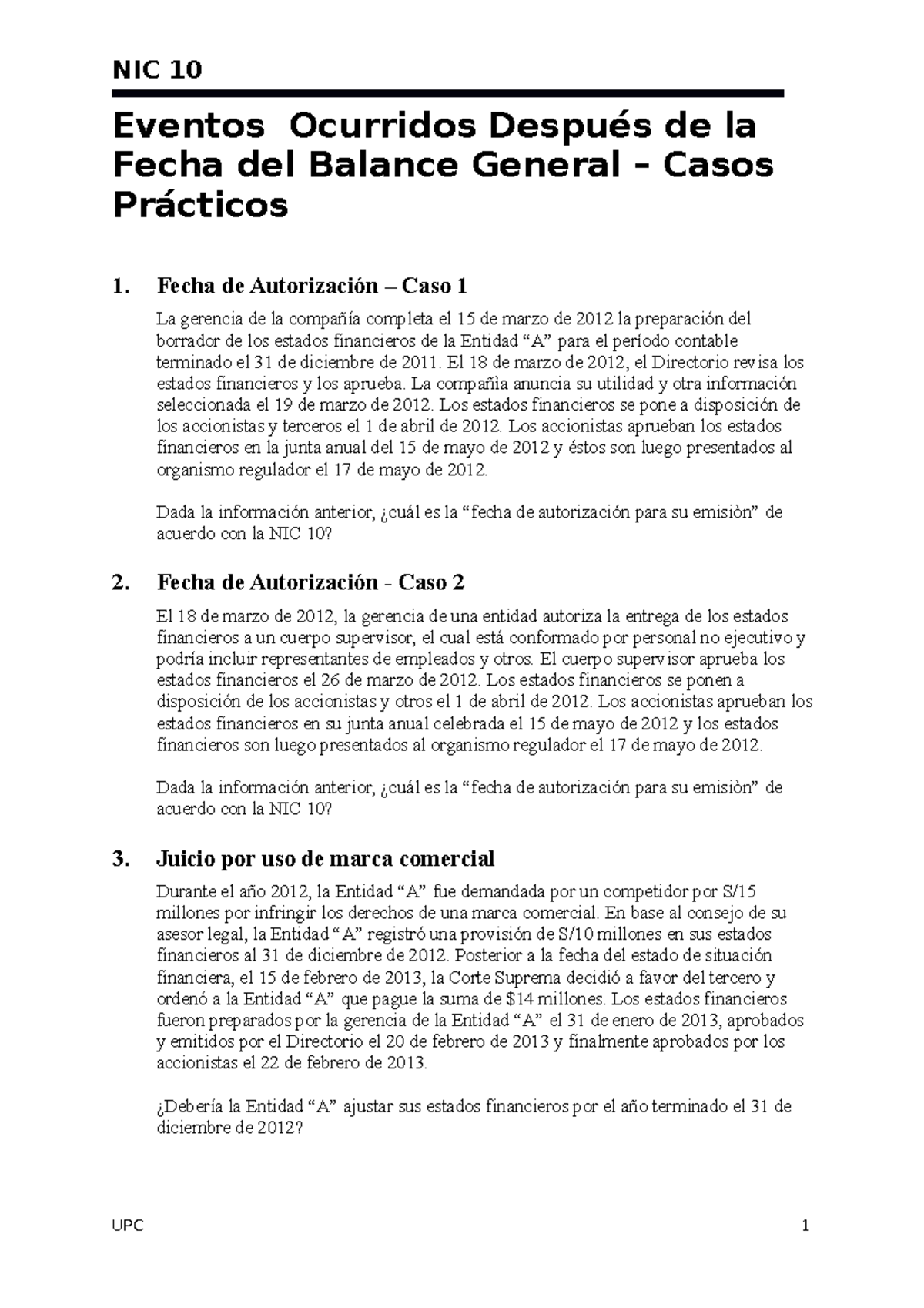 NIC 10 - Casos Prácticos sobre Eventos Ocurridos Después del Balance ...