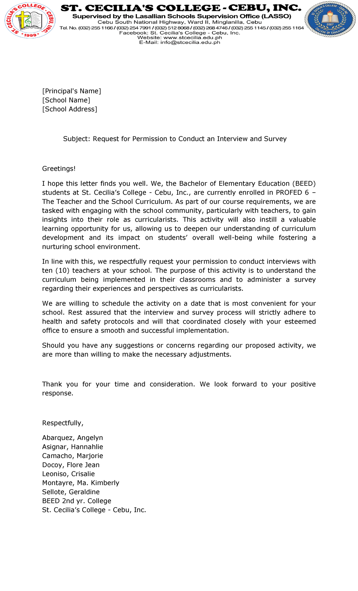 Final Letter - Note - [Principal's Name] [School Name] [School Address ...