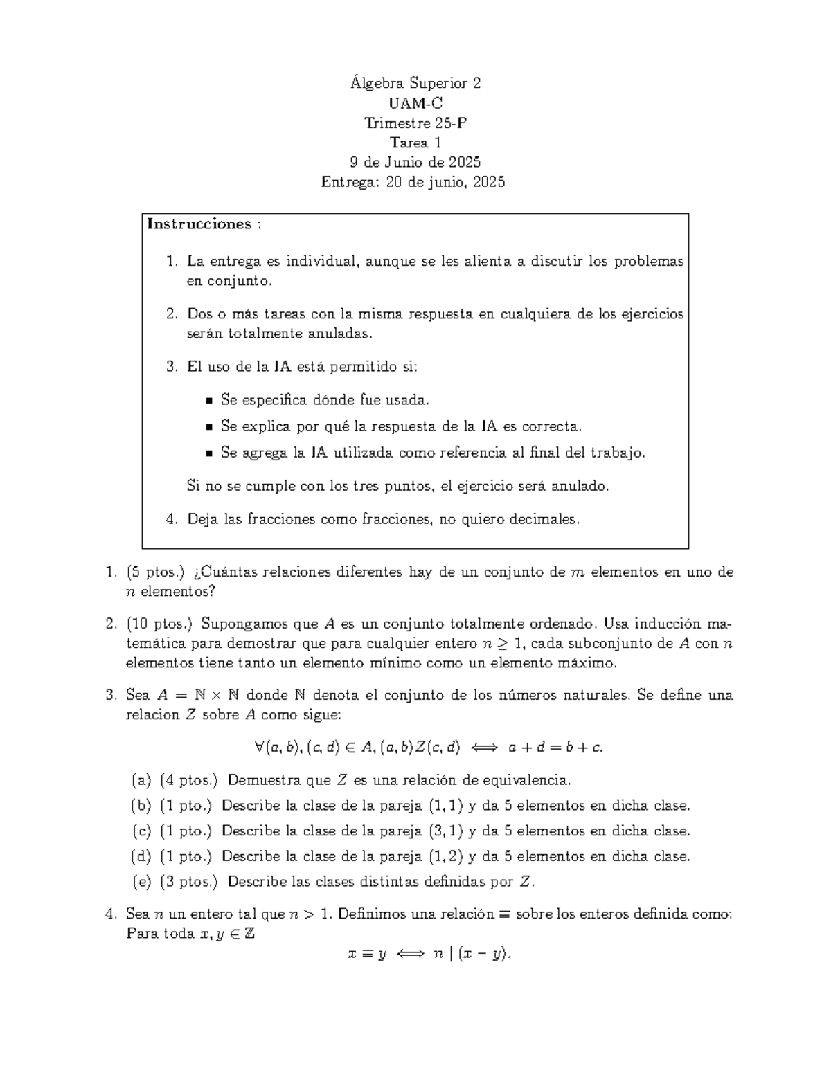 Álgebra Superior 2 - Tarea 1: Instrucciones y Problemas (Junio 2025 ...