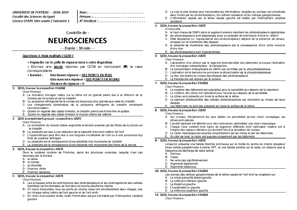 QCM Neuro L1 - Contrôle de Neurosciences - Licence STAPS 1ère année ...
