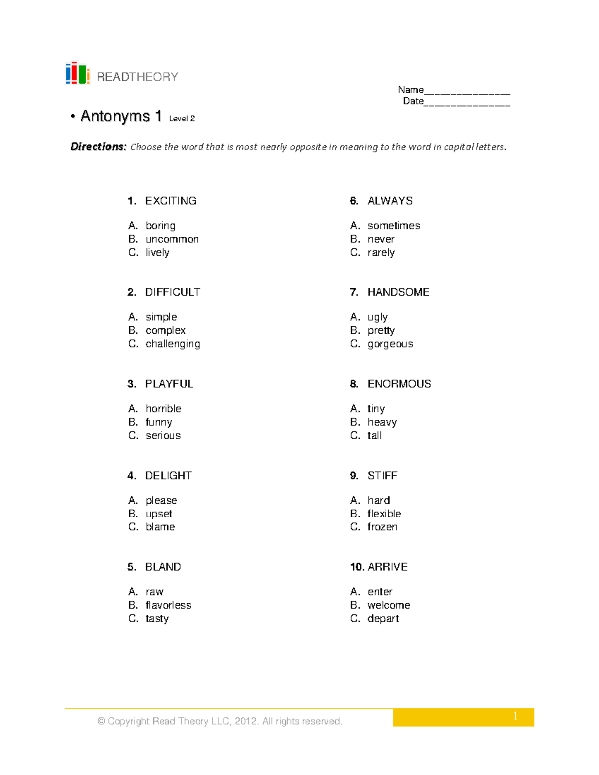 READTHEORY Antonyms 1 Level 2 - Opposites Explained - Studocu