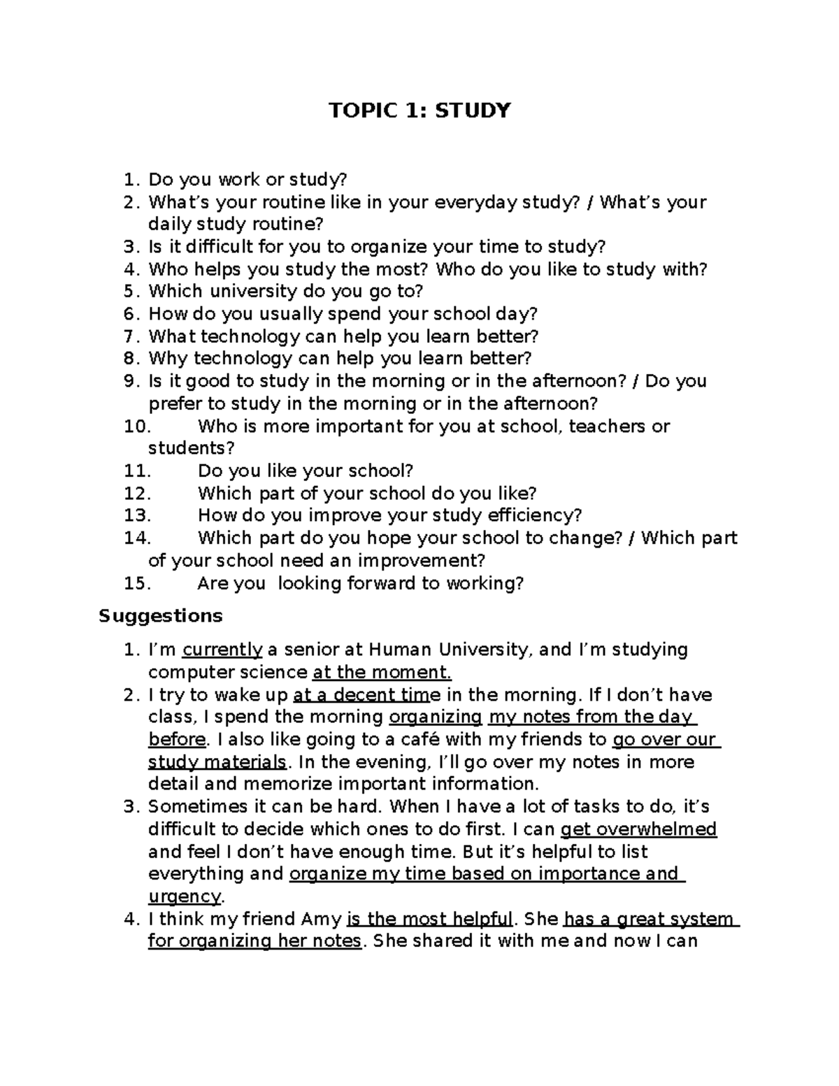 Topic 1 - Study - TOPIC 1: STUDY Do you work or study? What’s your ...