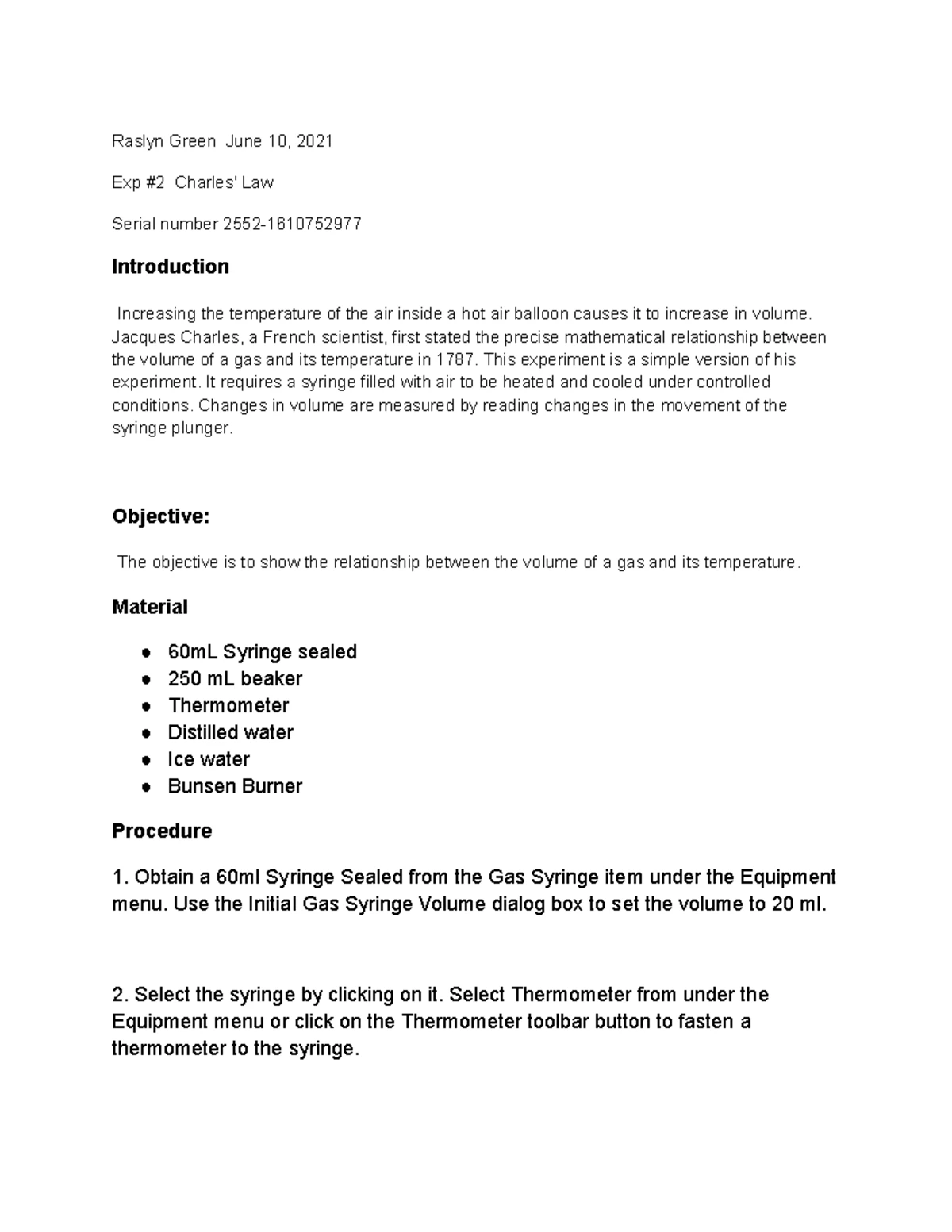 Lab 1 - lab assignment - Raslyn Green June 7, 2021 Exp # 1 Gas ...