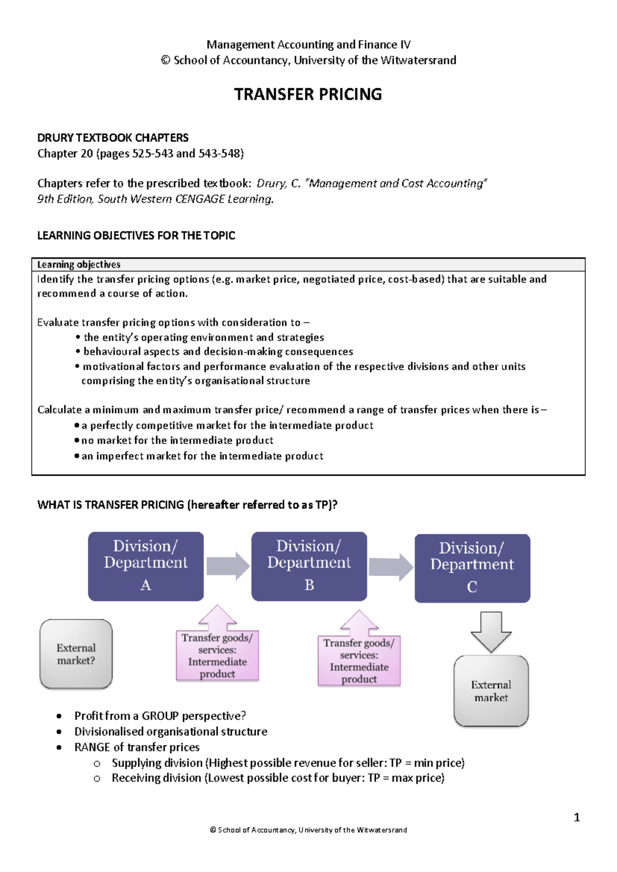 Management Accounting & Finance IV: Transfer Pricing Notes - Studocu