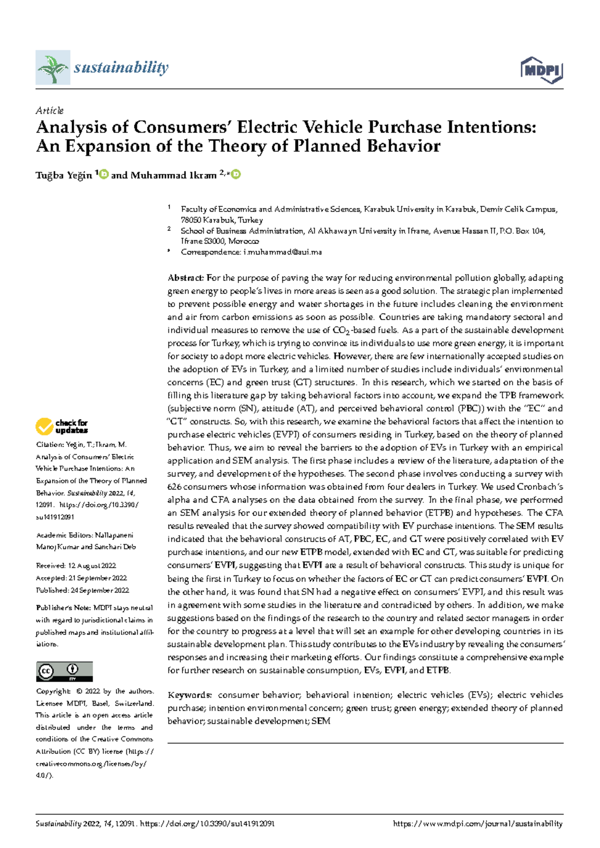 Analysis of Consumers' Electric Vehicle Purchase Intentions: ETPB ...