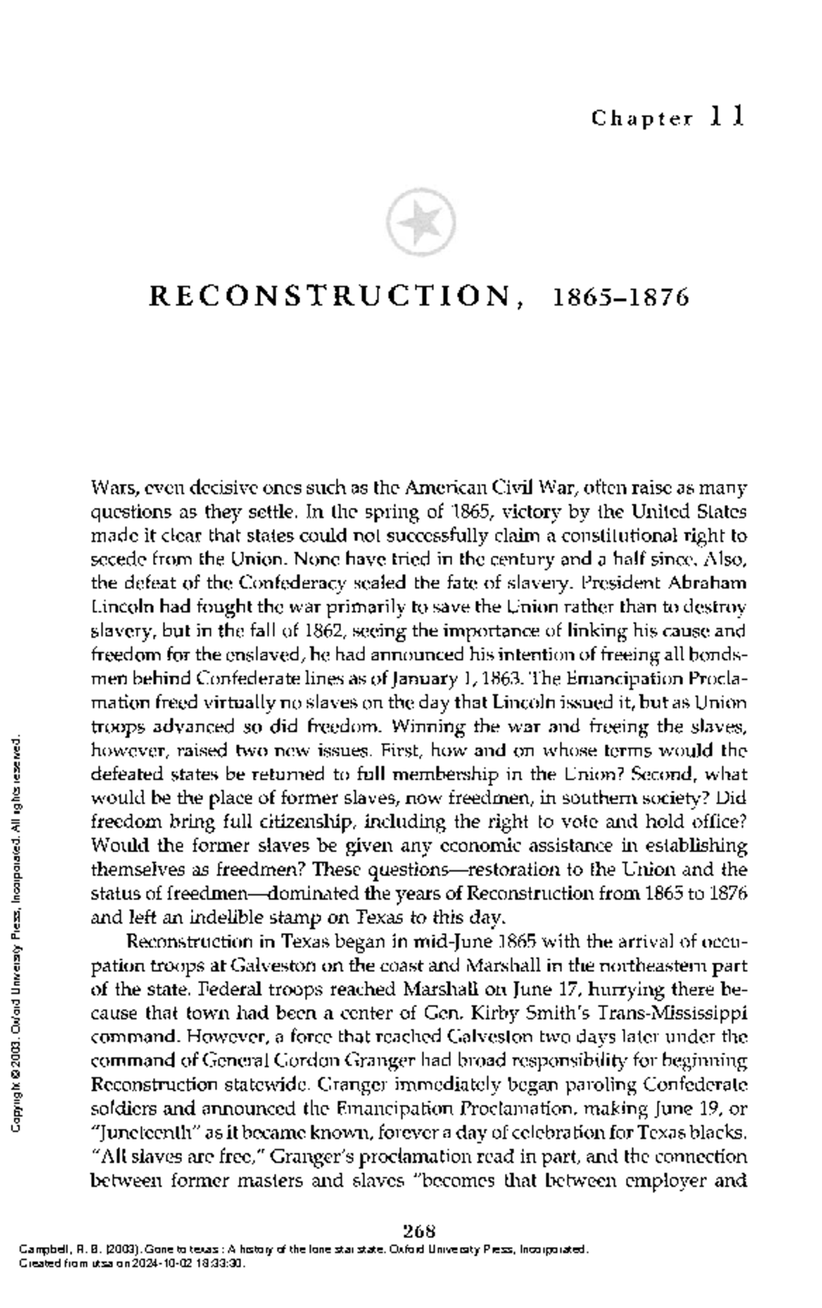 Reconstruction in Texas: A Detailed Analysis (HIST 321) - C h a p t e r ...