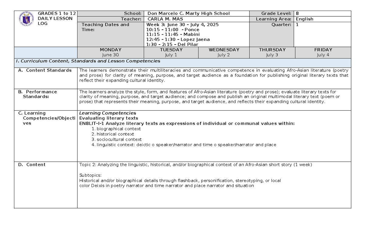 ENG8 Q1, WEEK 3 - Daily Lesson Log for English Class - Studocu
