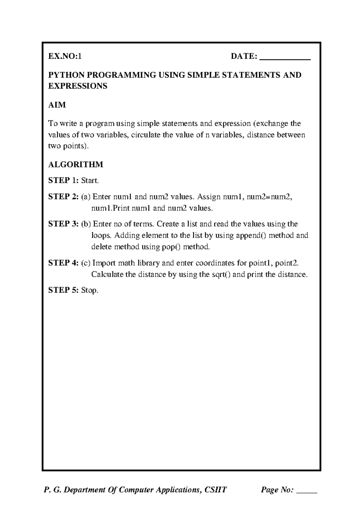 Python Programming Laboratory - EX:1 DATE: ____________ PYTHON PROGRAMMING USING SIMPLE ...