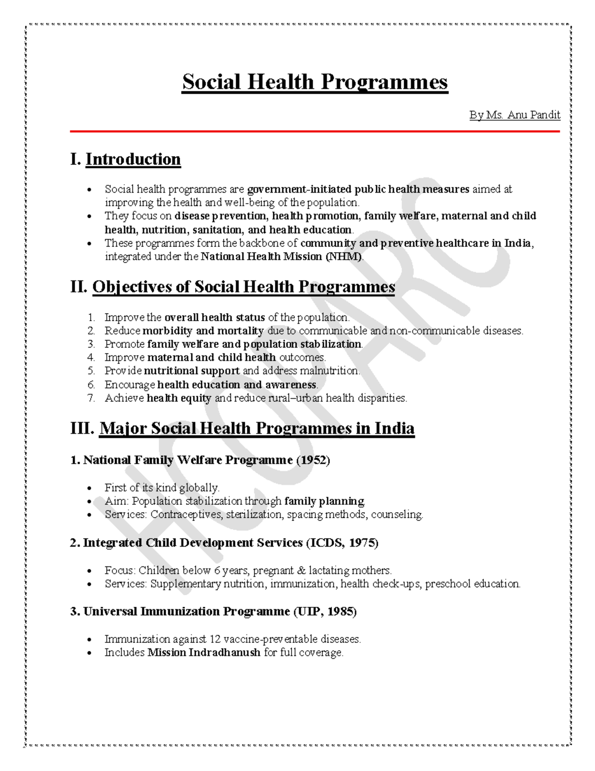 Social Health Programmes in India: Overview and Objectives - Studocu