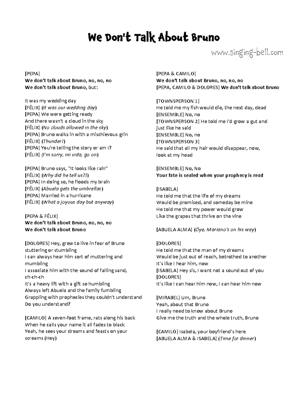 We Don't Talk About Bruno Lyrics PDF - Singing Bell Analysis - Studocu