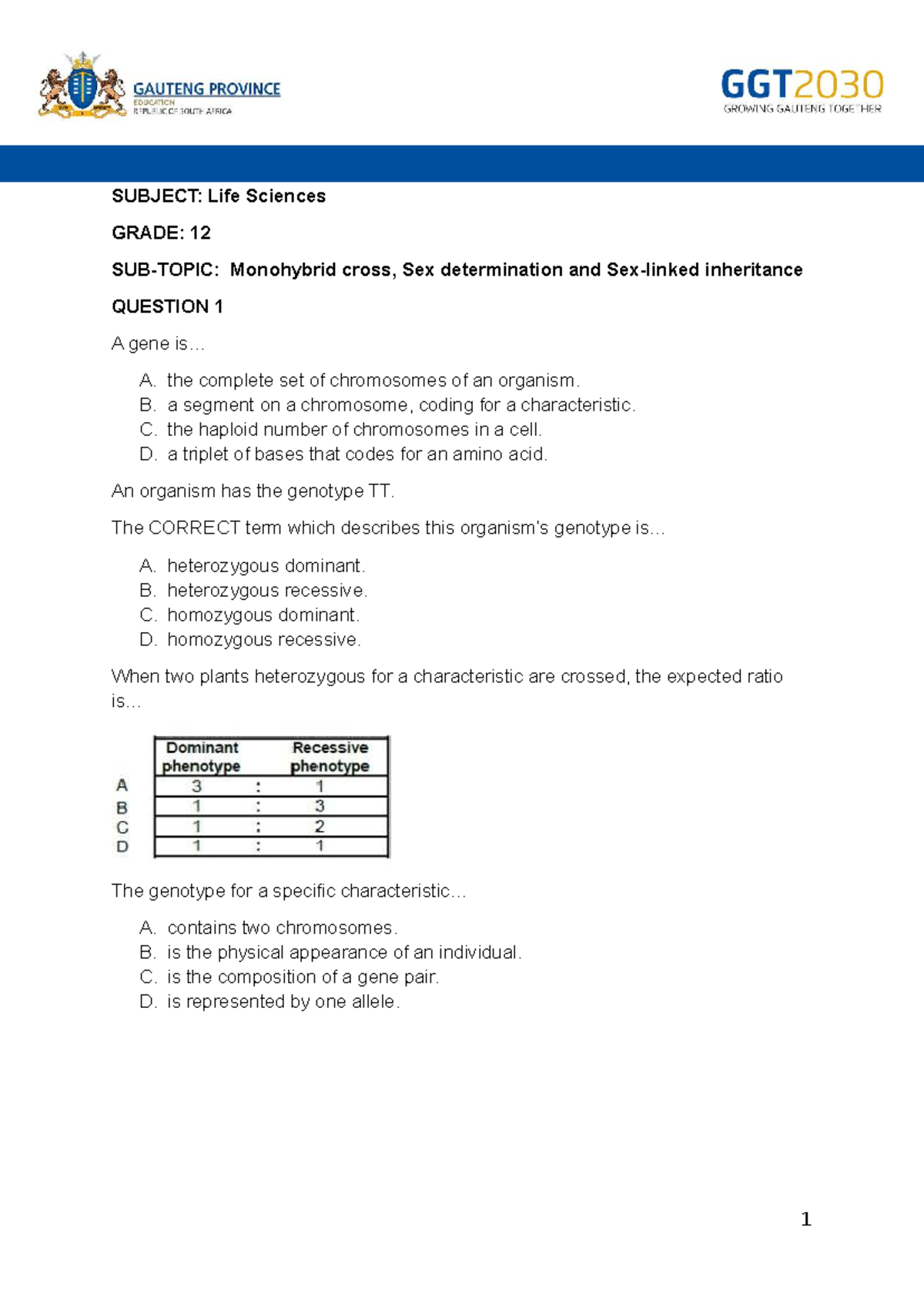 Genetics 12 Worksheet: Monohybrid Cross & Inheritance Concepts - Studocu