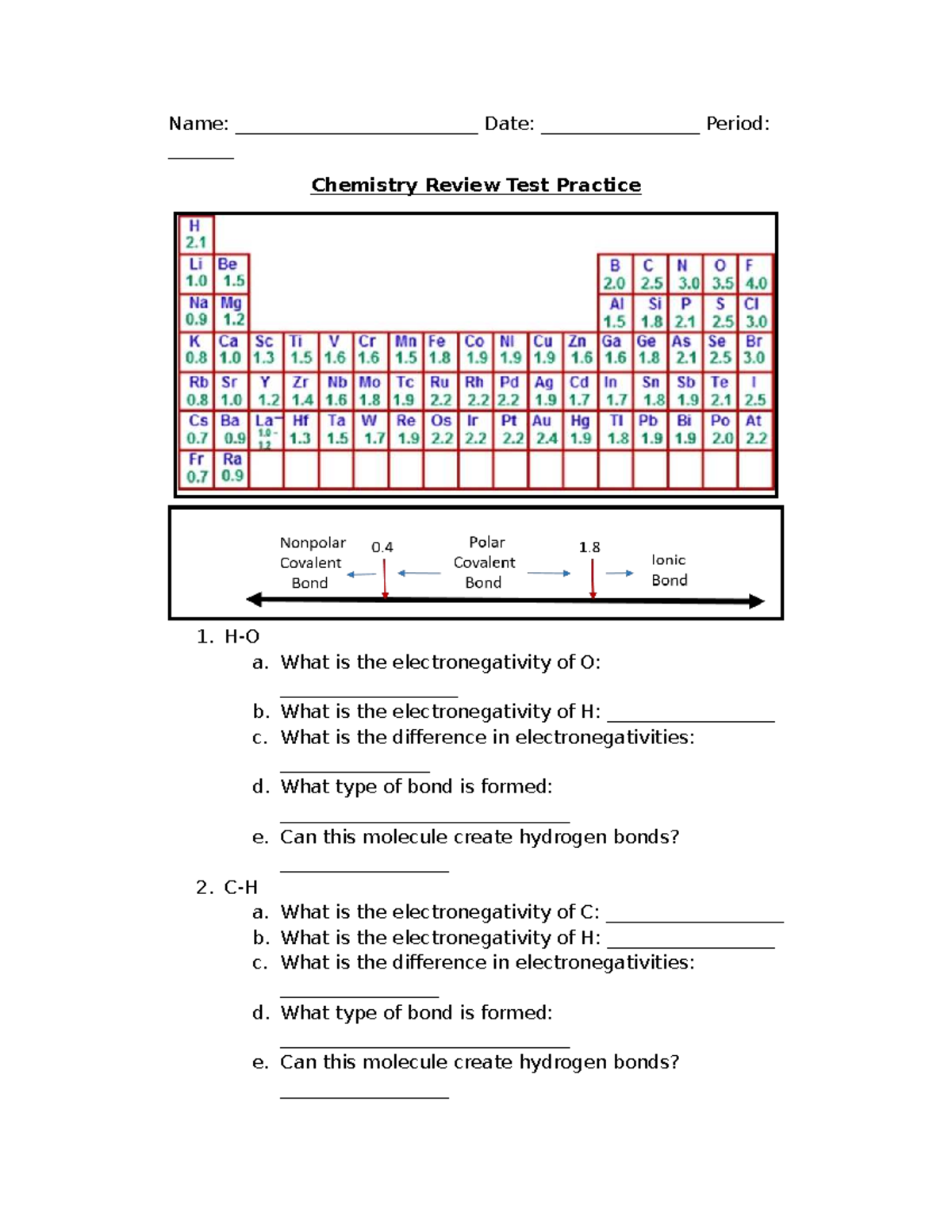 Chemistry Review Test Practice: Electronegativity & Bonding Concepts ...