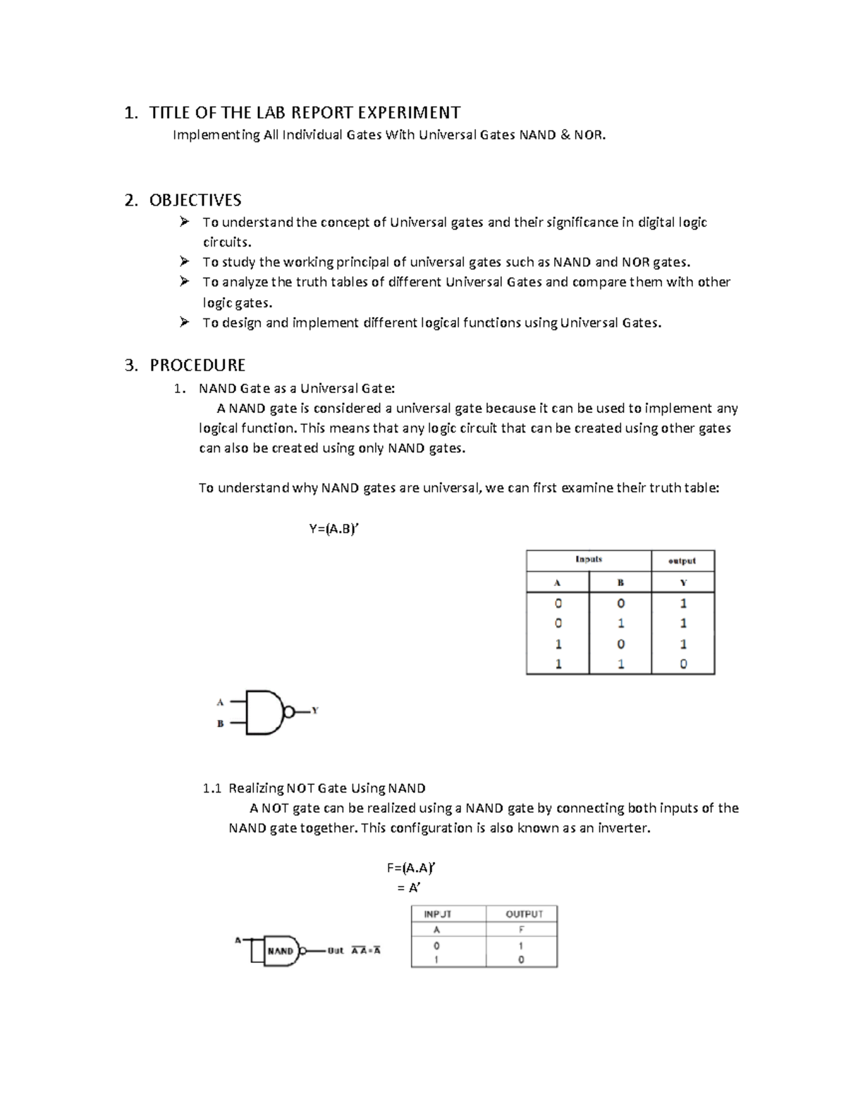 DLD Lab Report: Implementing Universal Gates - NAND & NOR Techniques ...
