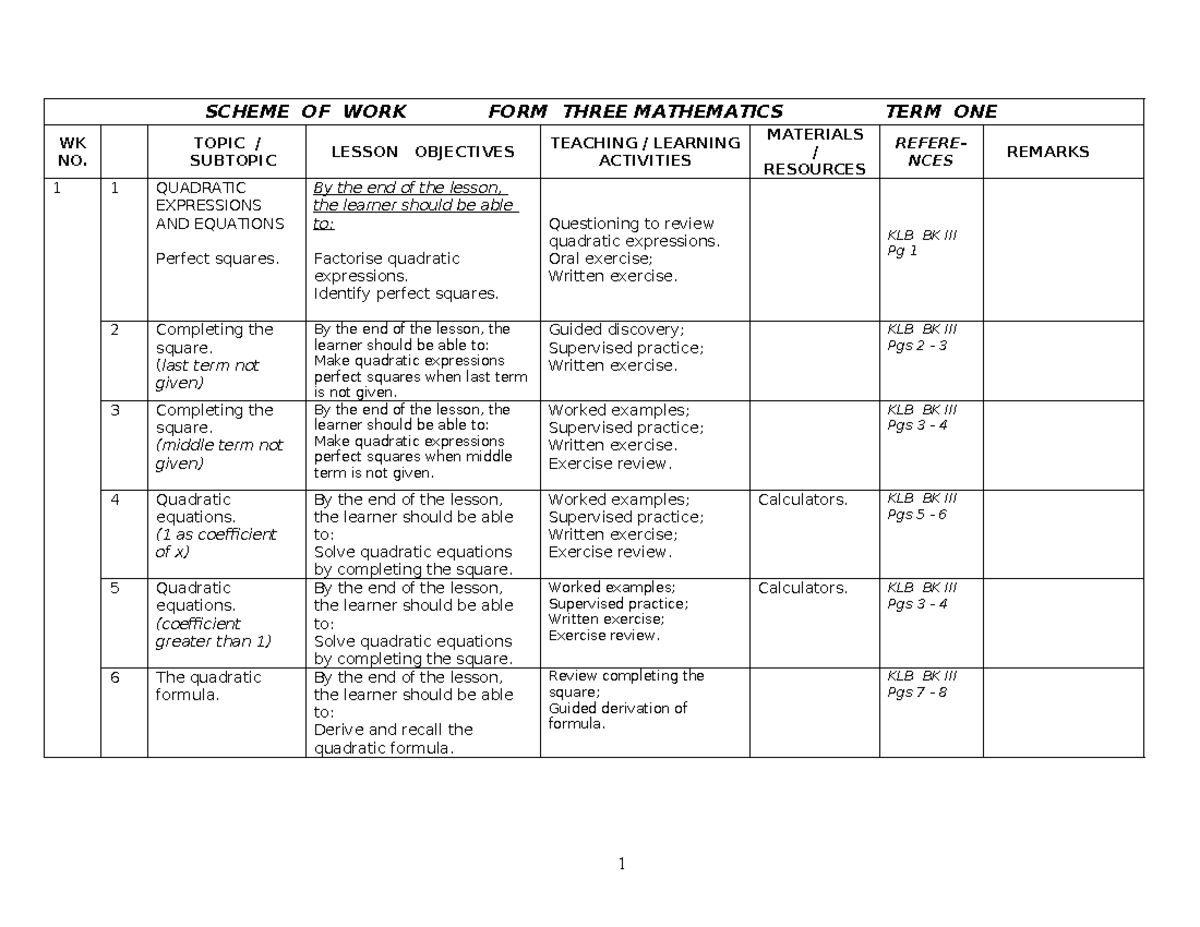 Mathematics FORM 3 Scheme of Work - Term One Overview - Studocu