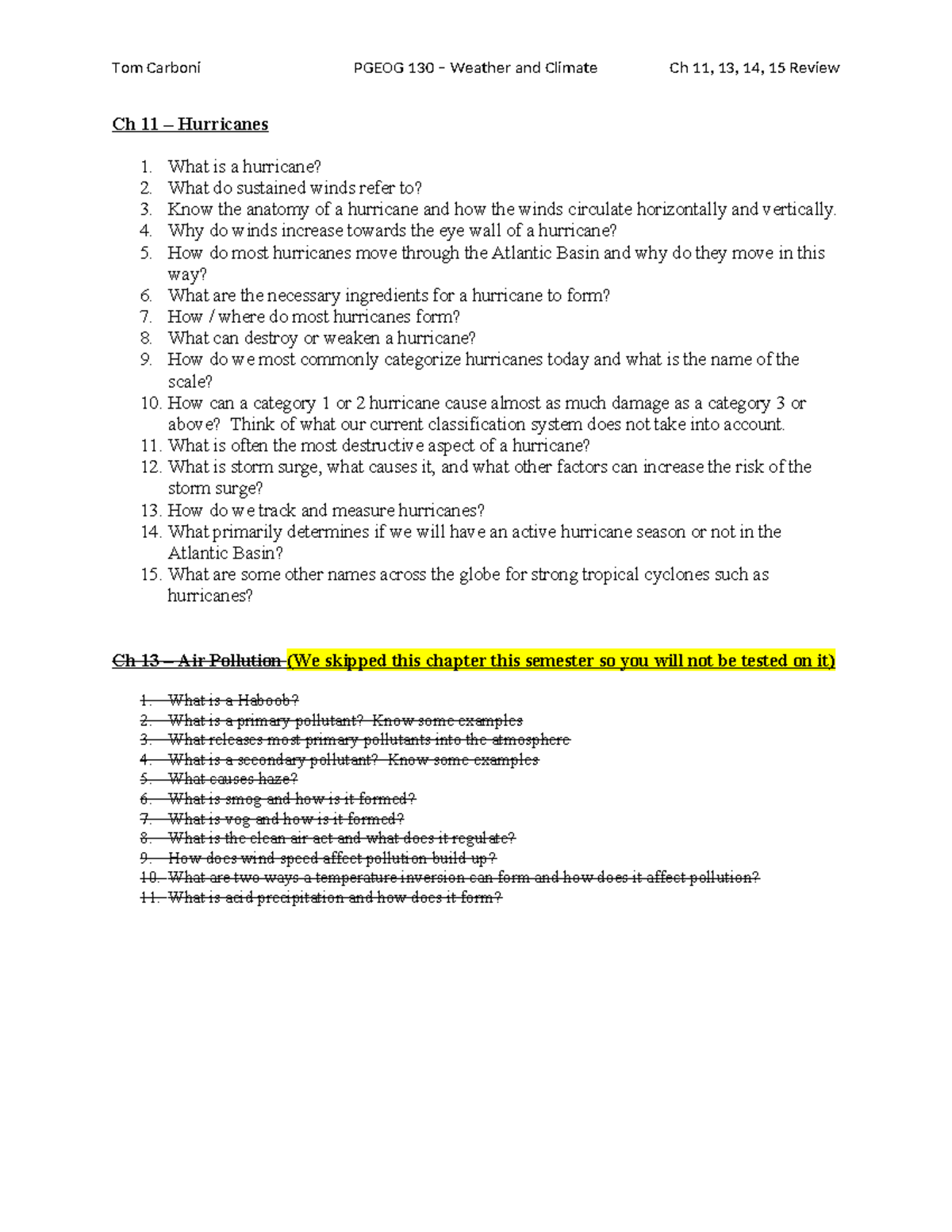 PGEOG 130 Final Exam Review: Hurricanes, Climate Change, and World ...
