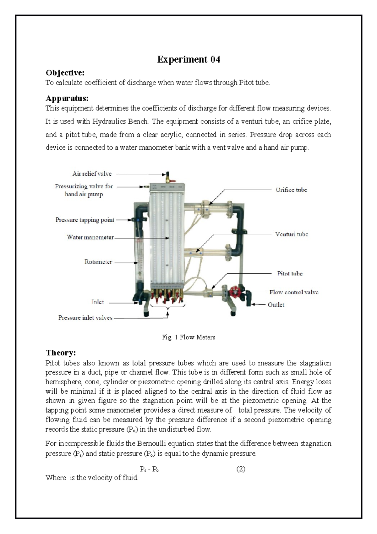 Lab Session 04: Calculating Coefficient of Discharge using Pitot Tube ...