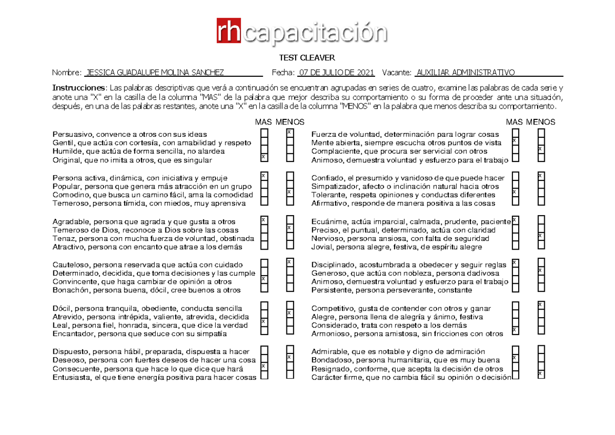 TEST Cleaver: Hoja de Respuestas para Auxiliar Administrativo - Studocu