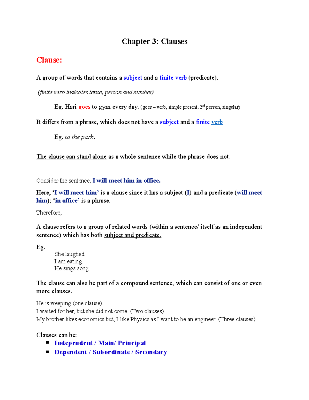 Chapter 3 - Clauses-Noun - Chapter 3: Clauses Clause: A group of words that contains a subject ...