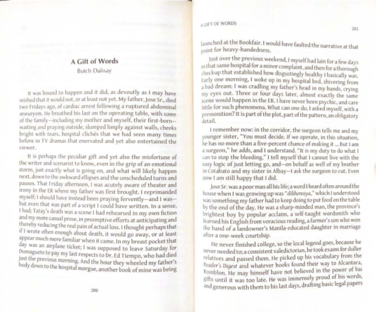 Personal Essay: A Gift of Words by Butch Dalisay (ENG 201) - Studocu