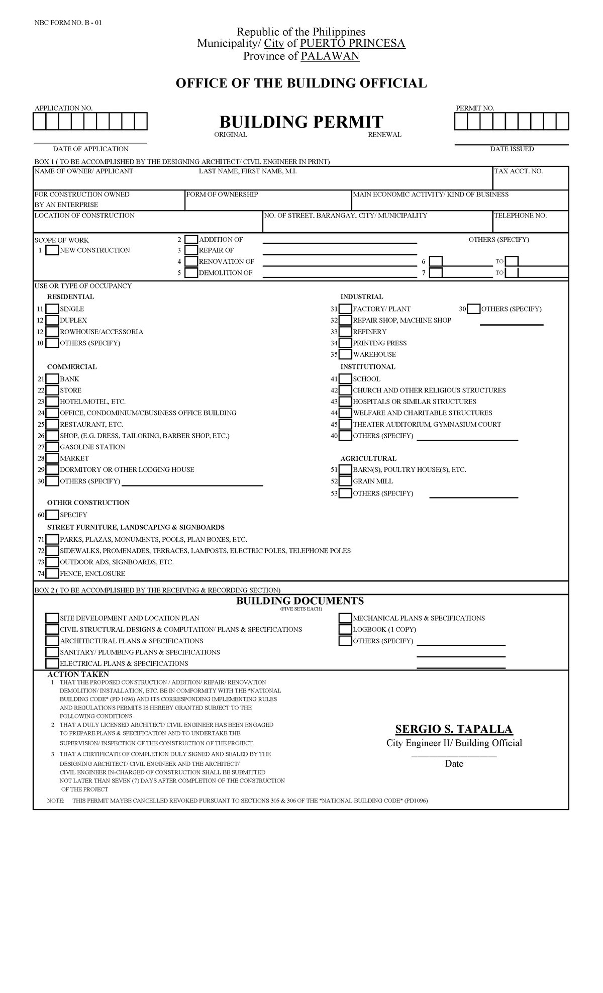 NBC Form B-01: Building Permit Application for Puerto Princesa - Studocu