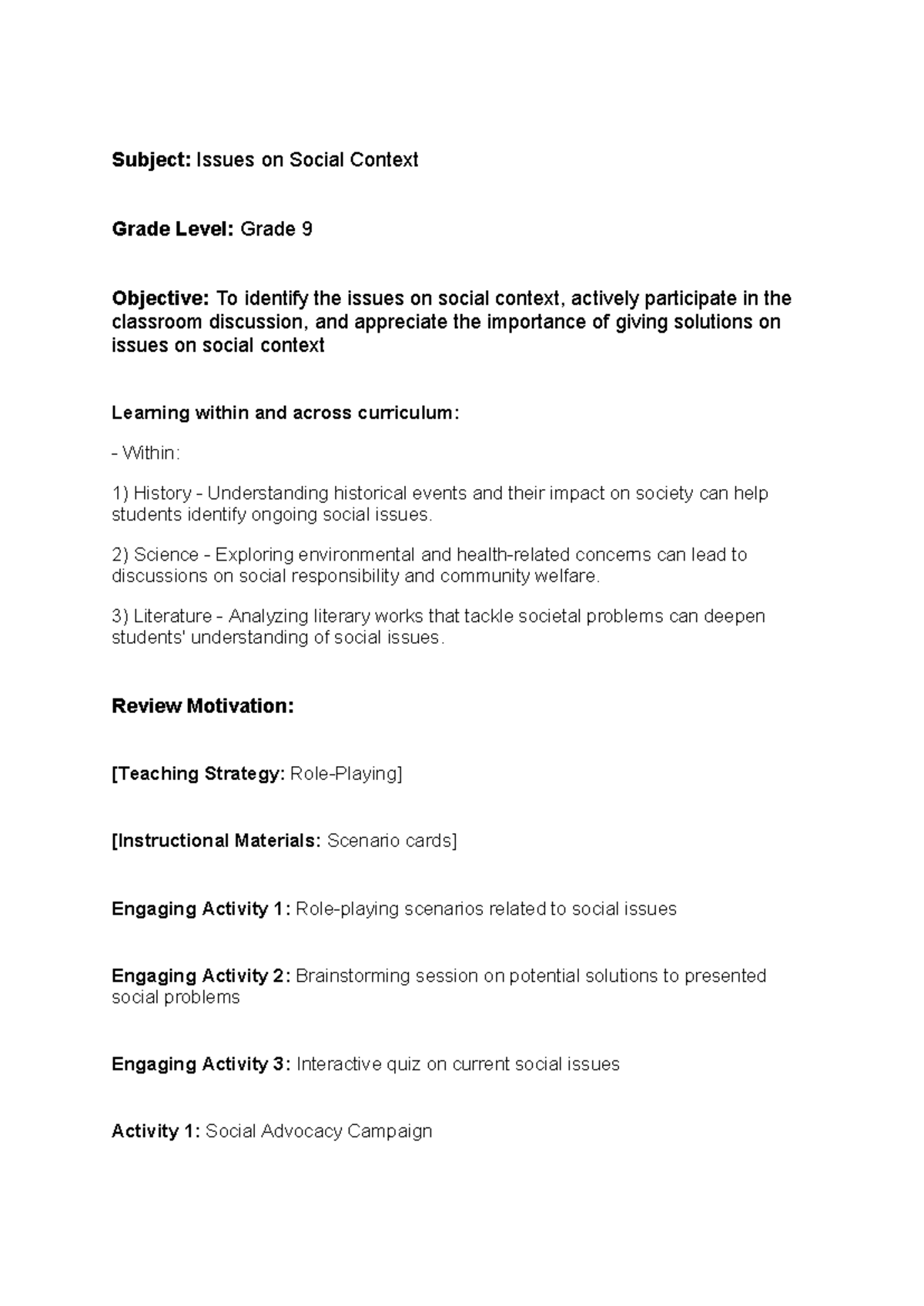 Grade 9 Lesson Plan: Addressing Social Context Issues through ...