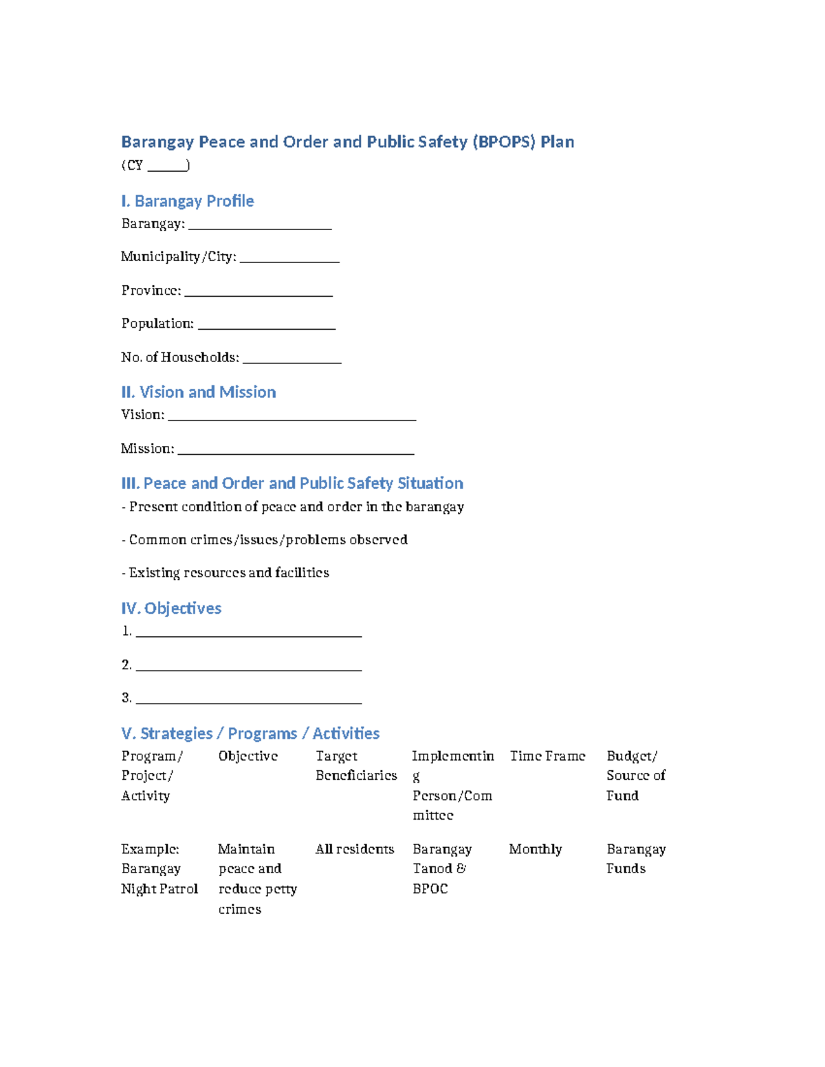 BPOPS Plan Template: Barangay Peace and Order Strategy Guide - Studocu