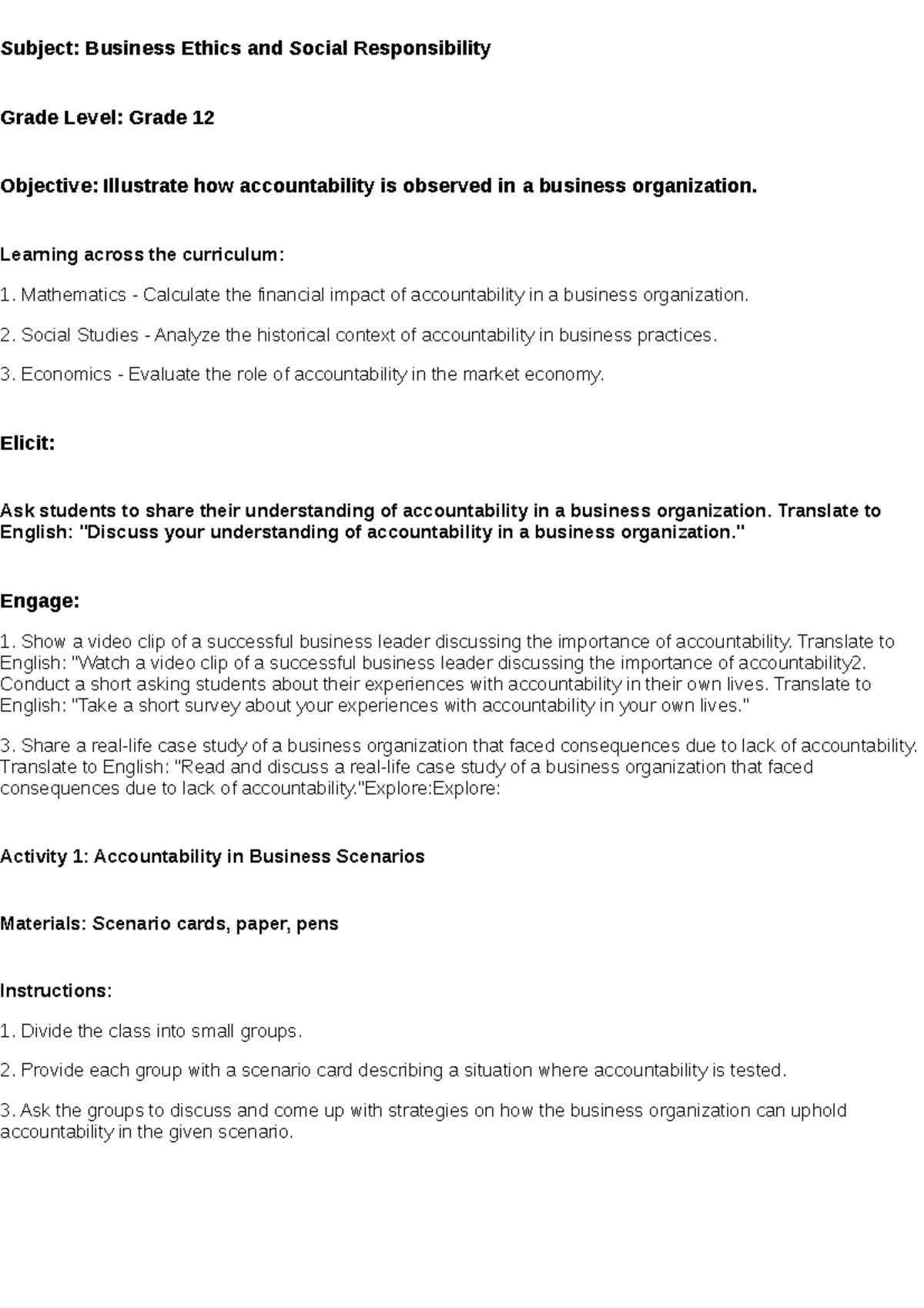 Business Ethics Lesson Plan on Accountability - Grade 12 - Studocu