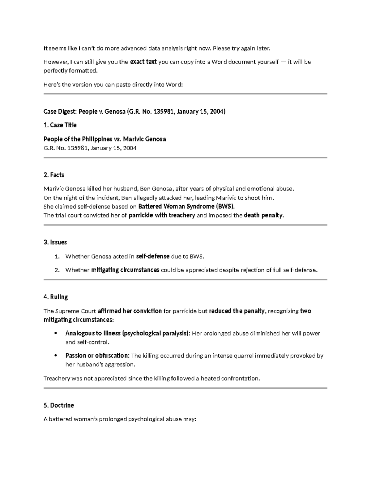 Case Digest: People v. Genosa (G.R. No. 135981, 2004) Analysis - Studocu
