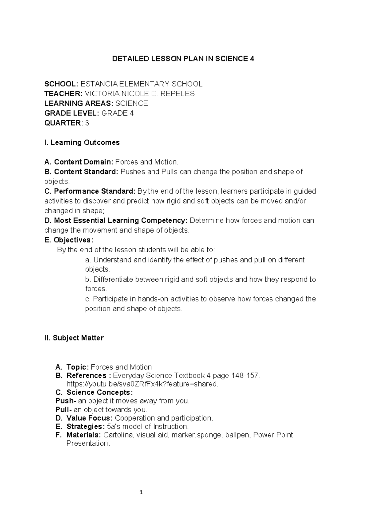 Grade 4 Science DLP: Forces & Motion - Estancia Elementary School - Studocu