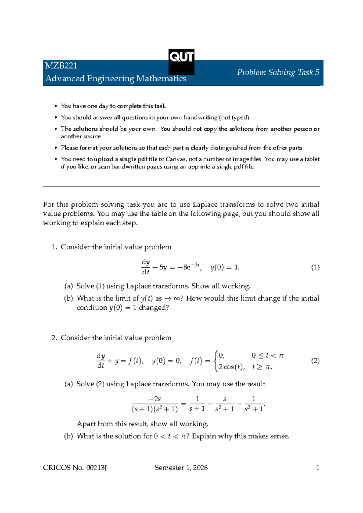 MZB221 Advanced Engineering Math Problem Solving Task 5 Sem 1 2026 ...