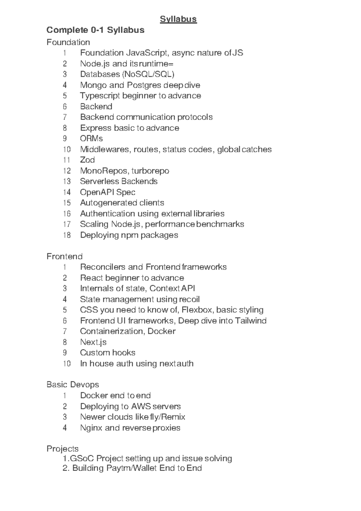 Cohort 2.0 Syllabus (0-100) - Comprehensive Guide by Harkirat Singh - Studocu
