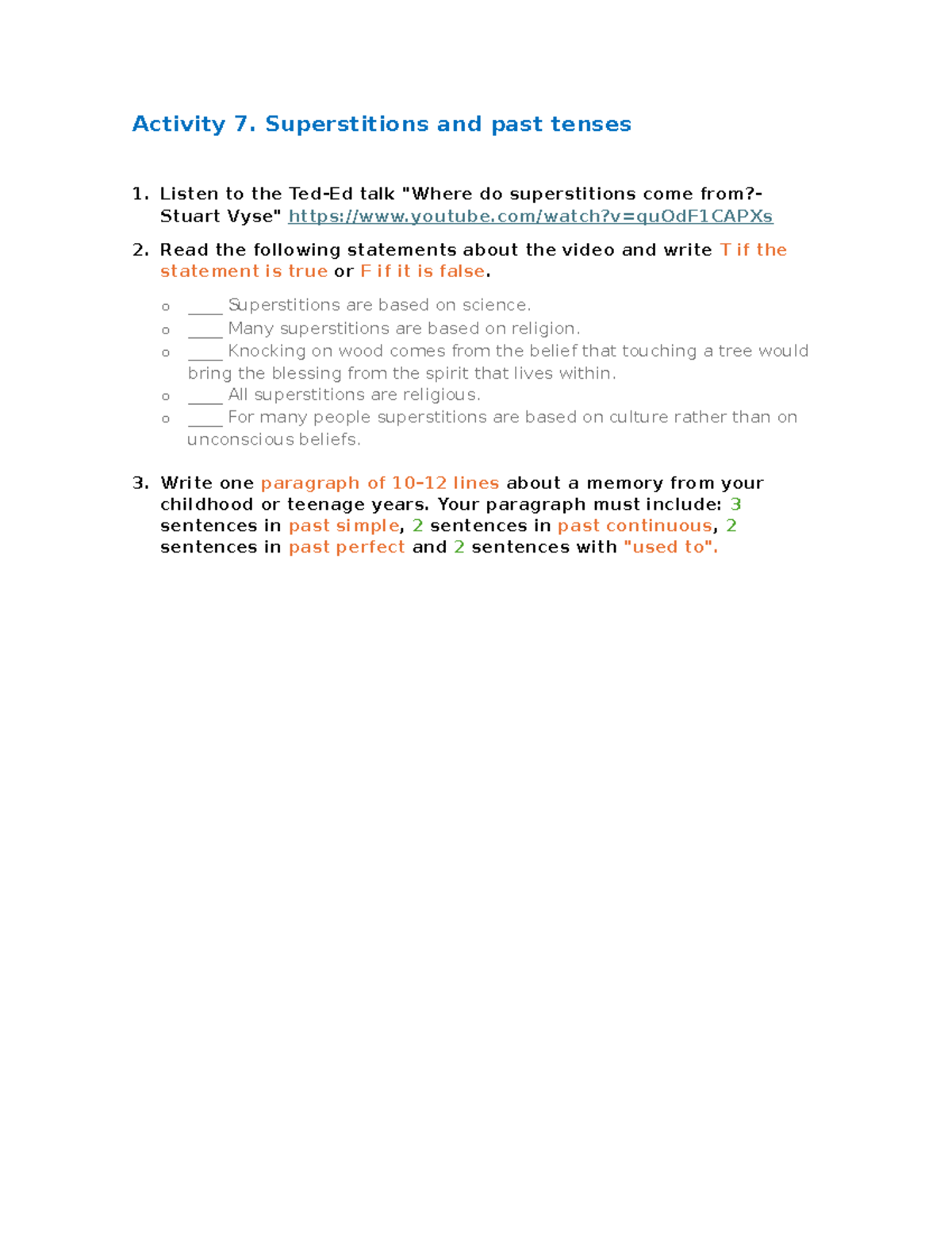 Activity 7: Superstitions & Past Tenses - Listening & Writing Exercise ...
