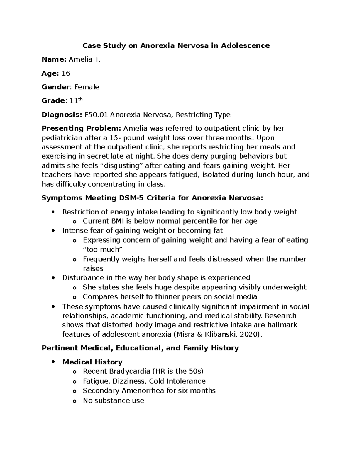 Case Study: Anorexia Nervosa in Adolescence (Grade 11) - Studocu