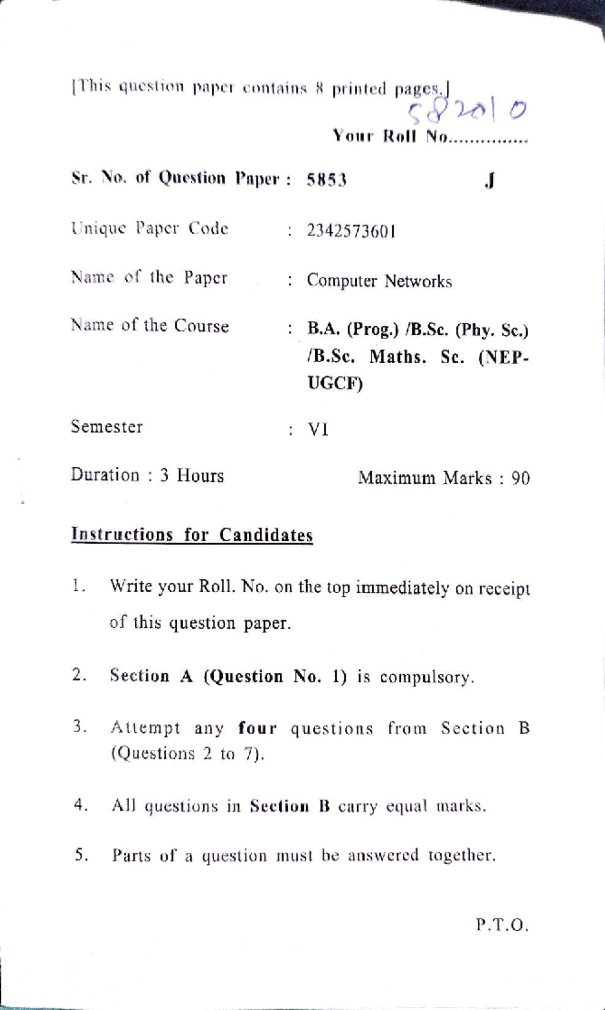 Computer Networks Question Paper - B.A. (Prog.) VI Sem (5853) - Studocu