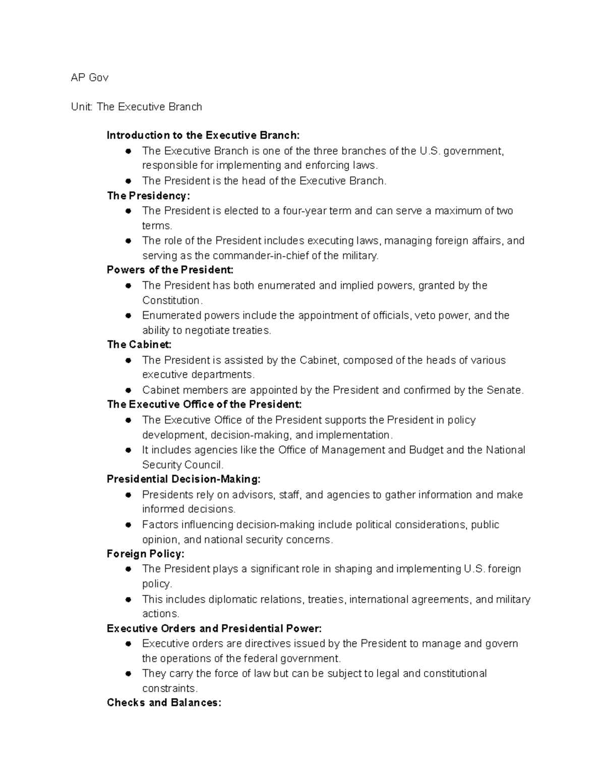 AP Gov The Executive Branch - AP Gov Unit: The Executive Branch ...