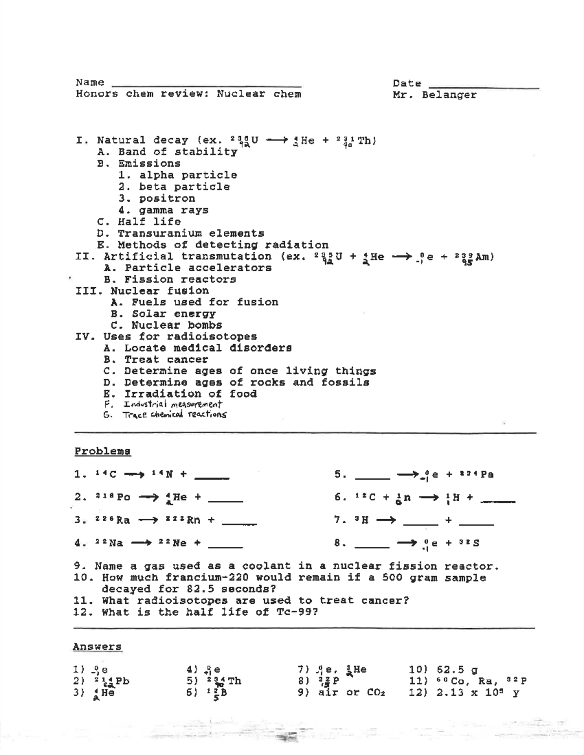 Nuclear Chemistry Unit 9 Practice Test Review - Honors Chem - Studocu