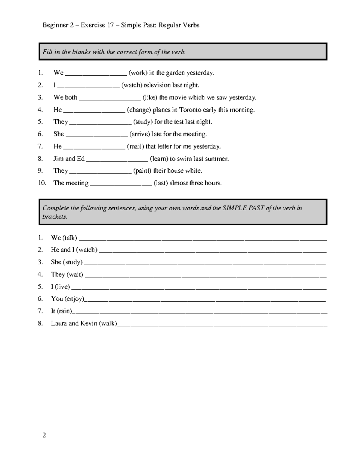 Beginner 2 Exercise 17: Simple Past Regular Verbs Practice - Studocu