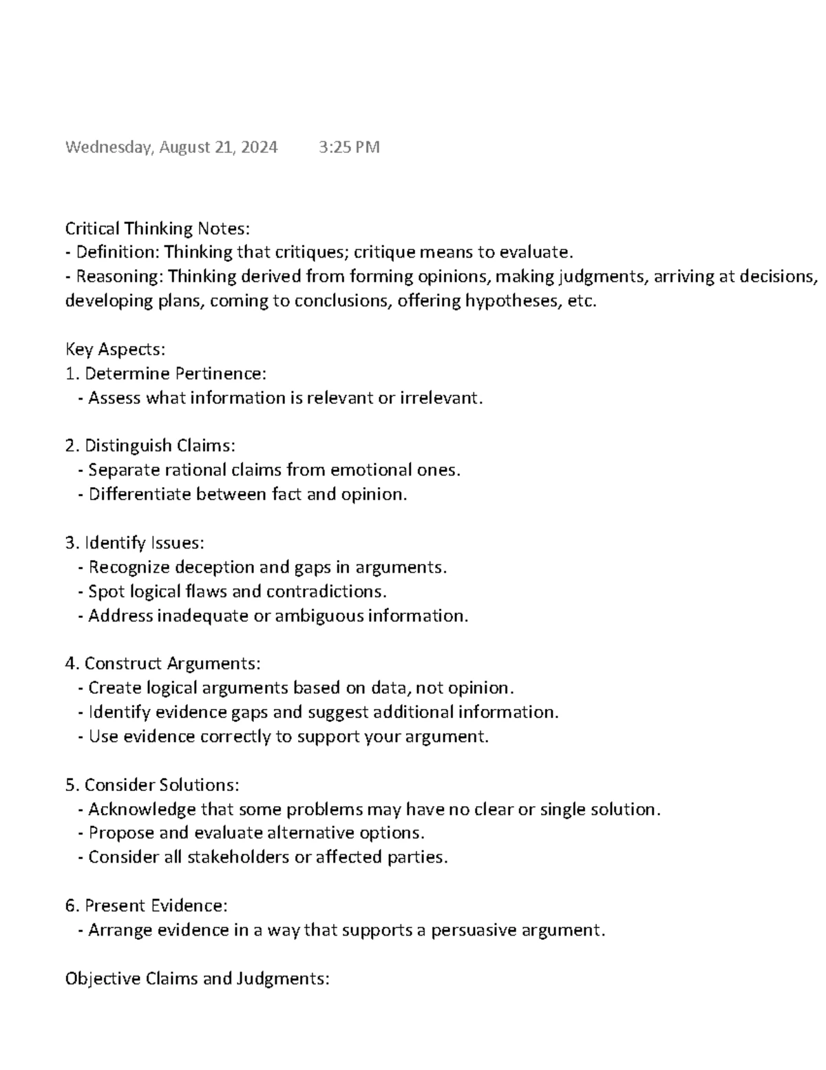 Critical Thinking Notes - Critical Thinking Notes: Definition: Thinking ...