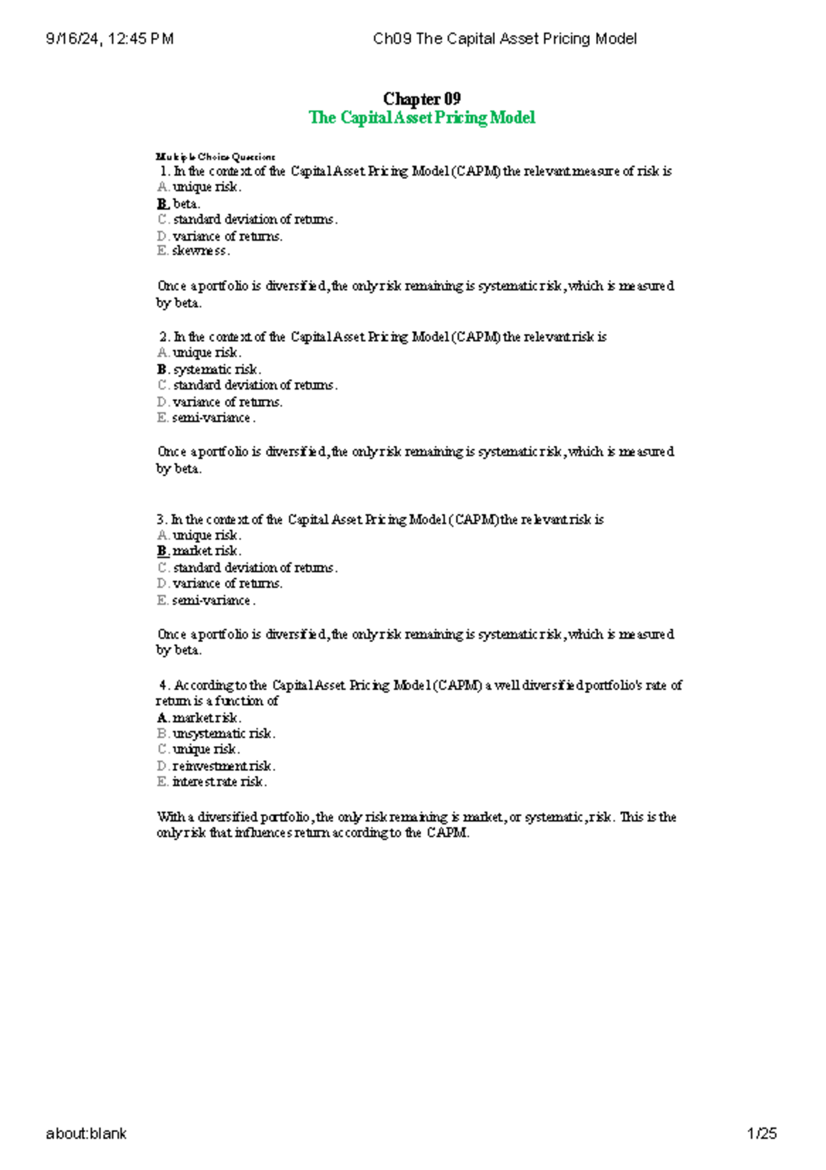 Ch09 The Capital Asset Pricing Model - Chapter 09 The Capital Asset Pricing Model Multiple ...