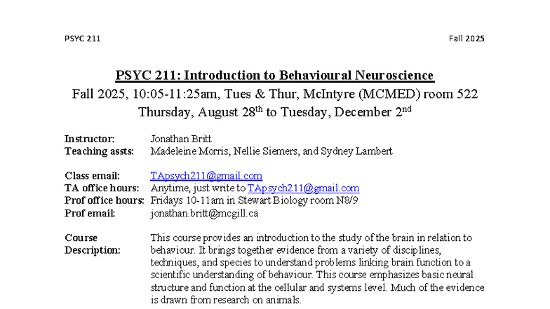 PSYC 211 Fall 2025: Intro to Behavioural Neuroscience Syllabus - Studocu