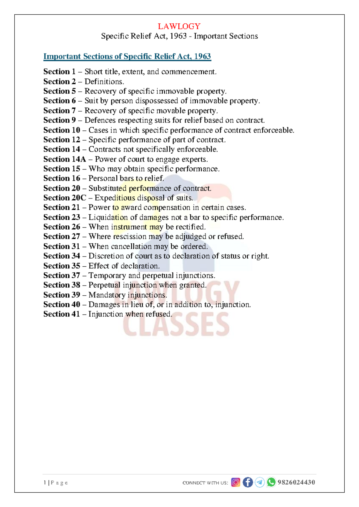 LAWLOGY SRA - Key Sections of the Specific Relief Act, 1963 - Studocu
