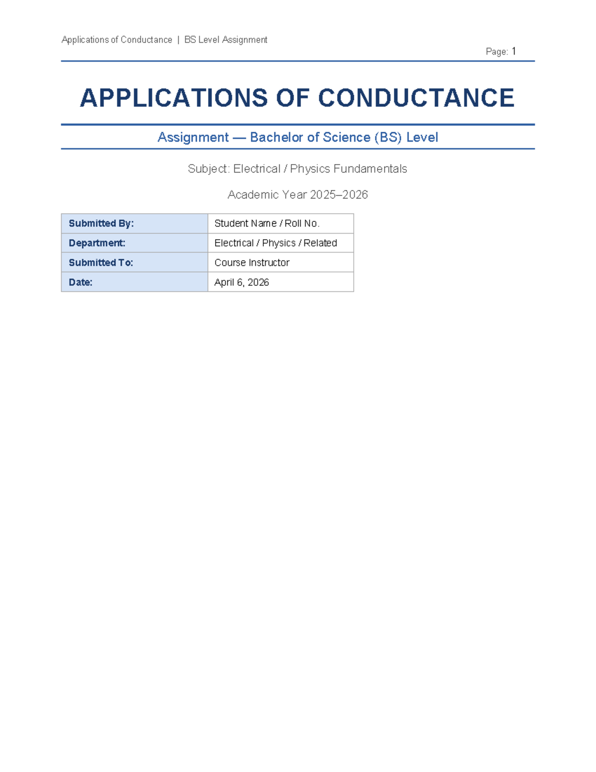 Applications of Conductance: BS Level Assignment in Electrical Physics ...