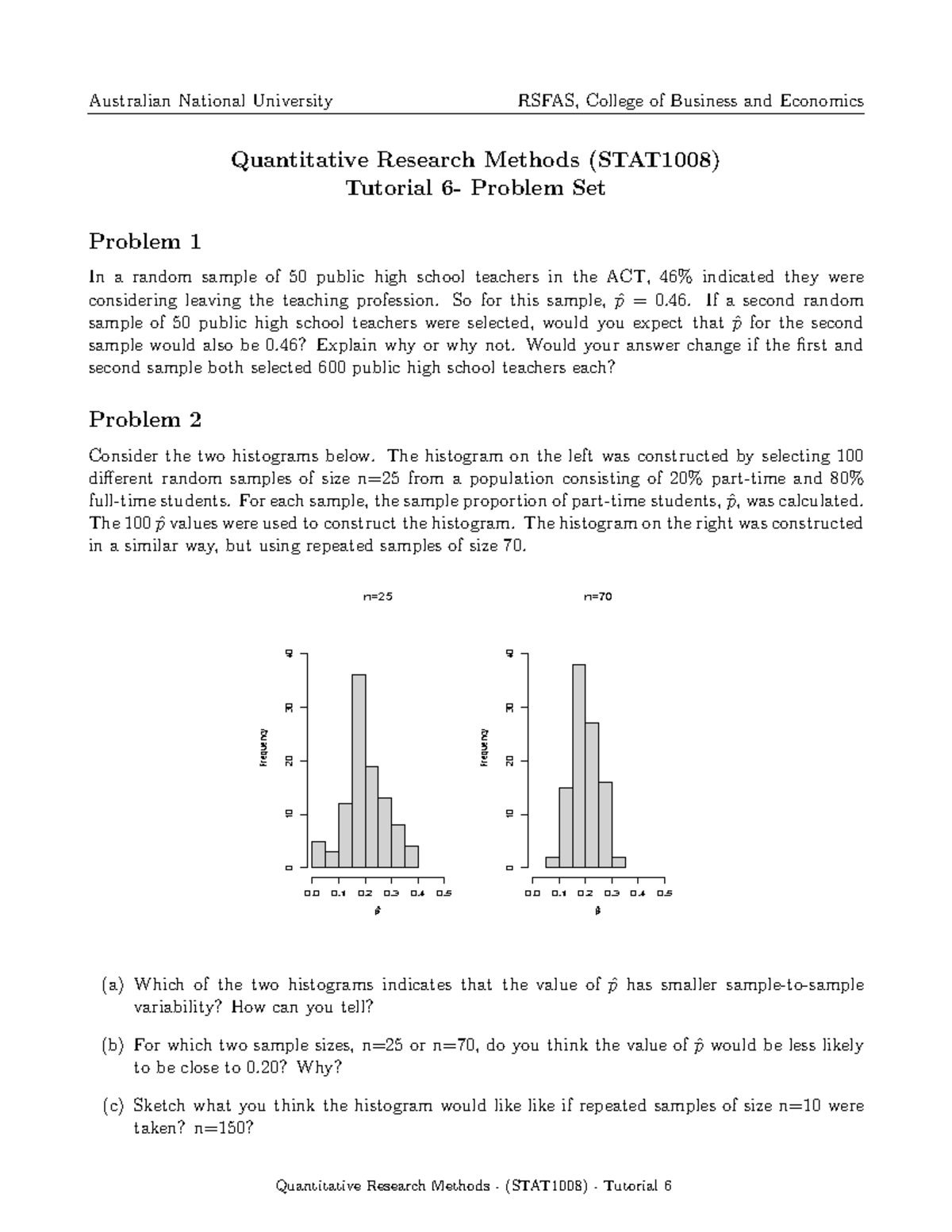 STAT1008 Quantitative Research Methods Tutorial 6 Problem Set - Studocu