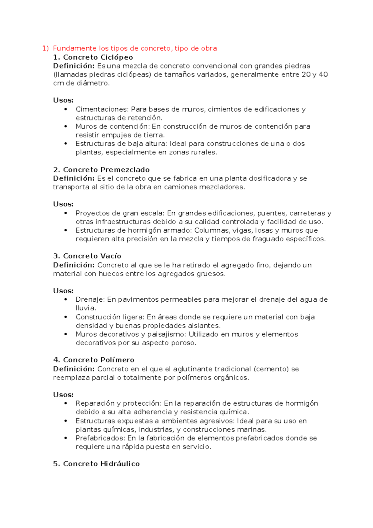 Tipos de Concreto: Definición y Usos en Construcción y Obras - Studocu