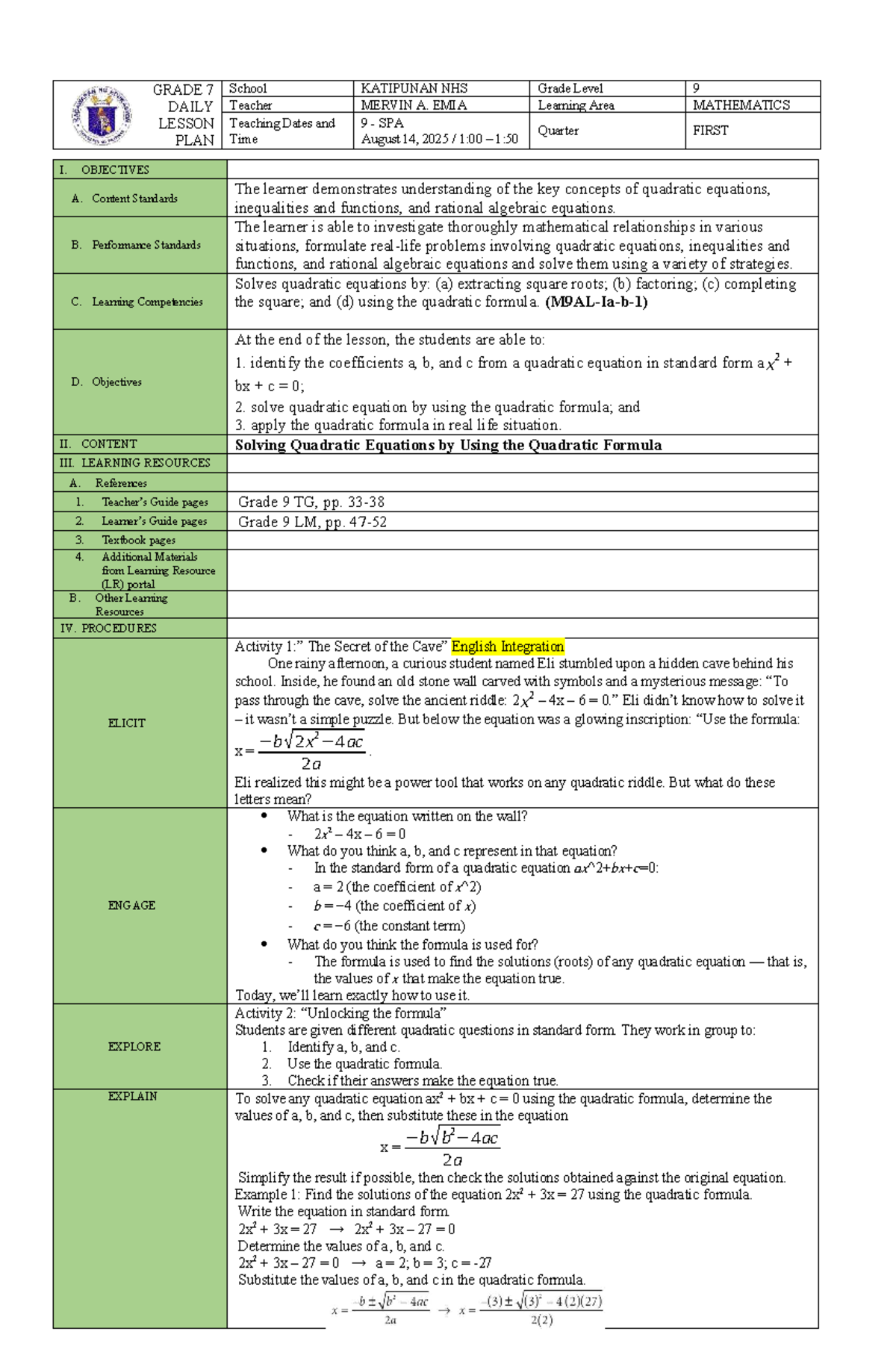 GRADE 9 MATHEMATICS DAILY LESSON PLAN: Quadratic Equations - Studocu